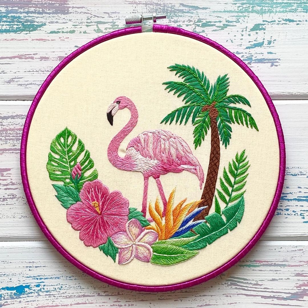 Flamingo & Tropical Flowers - Hand Embroidery Pattern – Embroidery Art ...