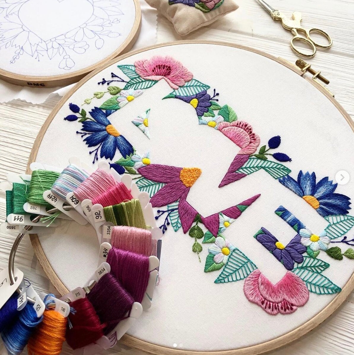 Big Floral LOVE Negative Space Hand Embroidery Pattern + Complete Vide ...